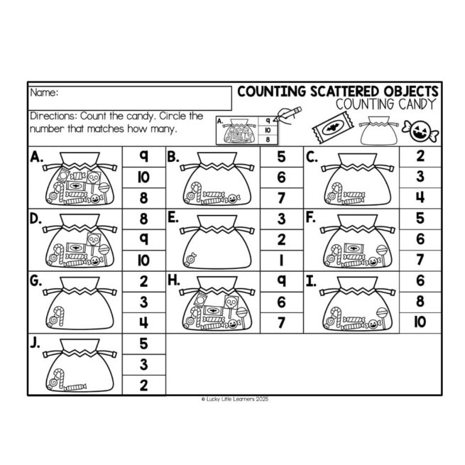 Math Worksheet - October - Counting Scattered Objects - Counting Candy ...