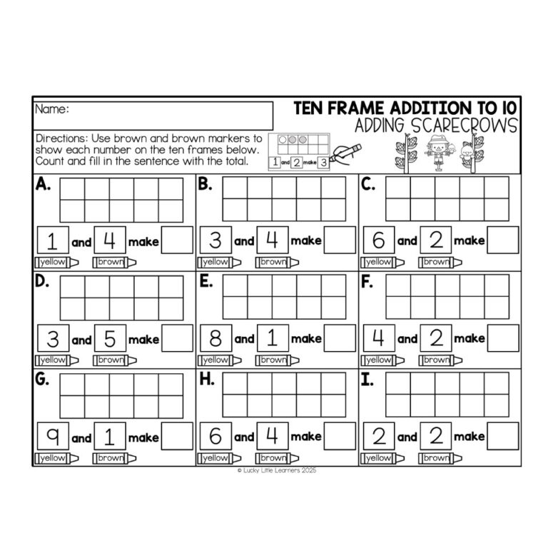 Math Worksheet - October - Ten Frame Addition to 10 - Adding Scarecrows ...