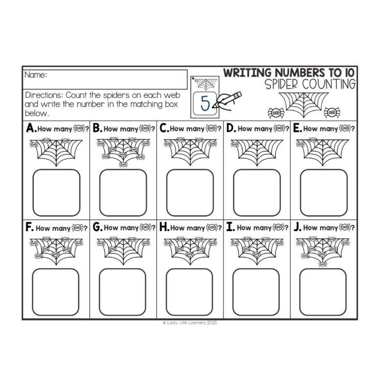 Math Worksheet - October - Writing Numbers to 10 - Spider Counting ...