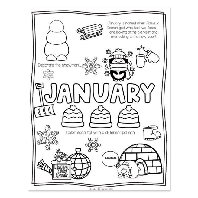 Monthly Coloring Page - January - Lucky Little Learners