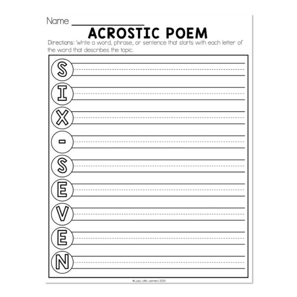 67th Day of School - 6-7 Activities - Six Seven Acrostic Poem - Lucky ...