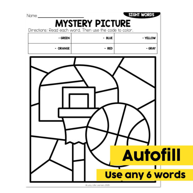 Basketball Hoop - Color by Sight Word - Autofill - Lucky Little Learners
