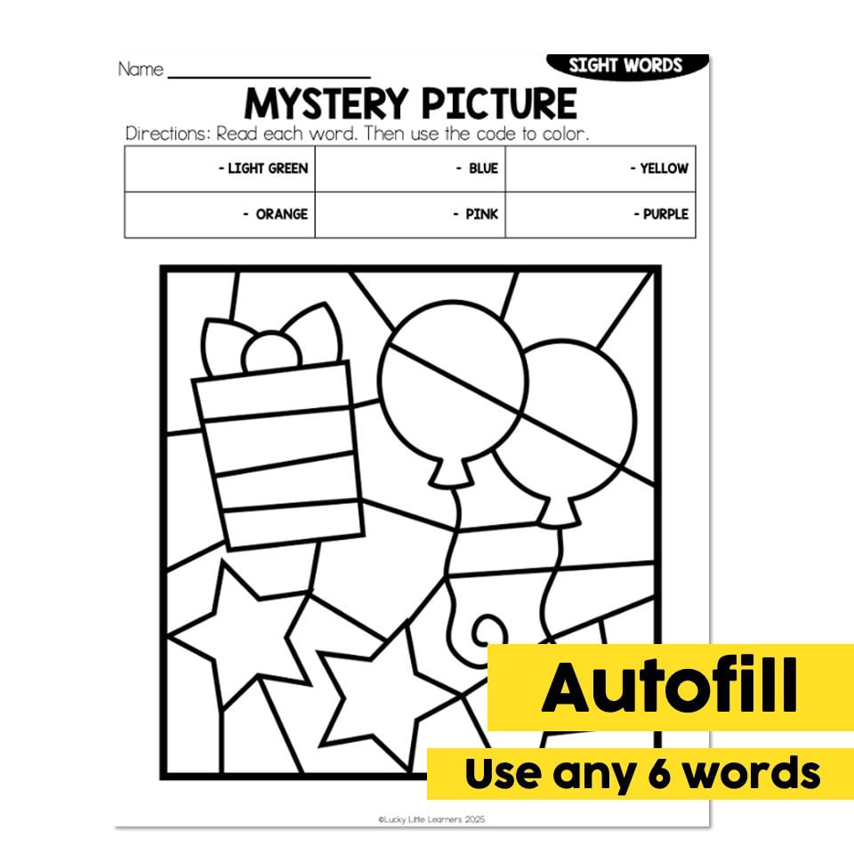 Birthday Gift - Color by Sight Word - Autofill - Lucky Little Learners