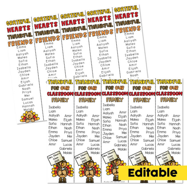 Class Bookmarks - Thanksgiving Editable - Lucky Little Learners