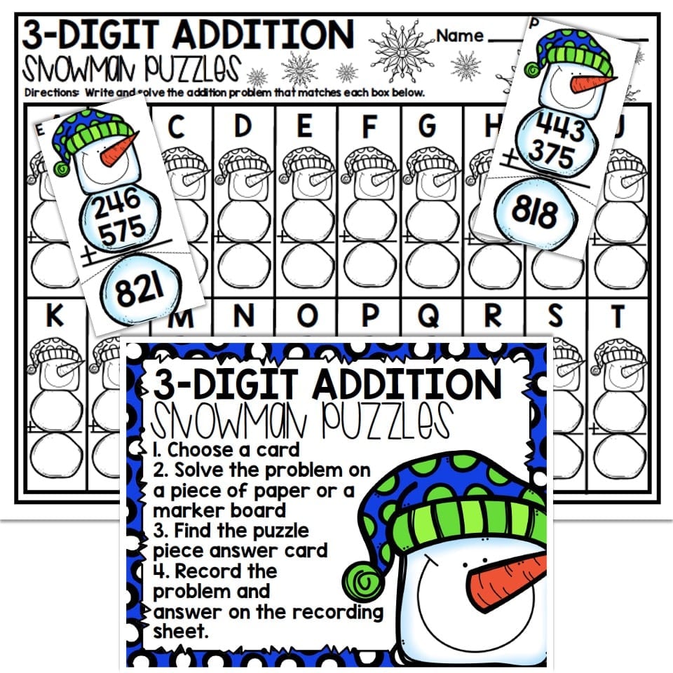 Editable 2nd Grade January Math Center - 3-Digit Addition - Snowman ...