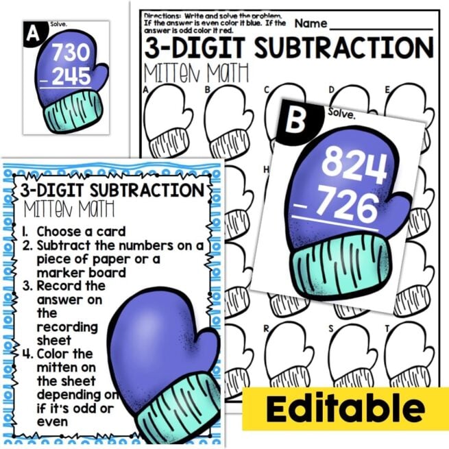 Editable 2nd Grade January Math Center - 3-Digit Subtraction - Mitten ...