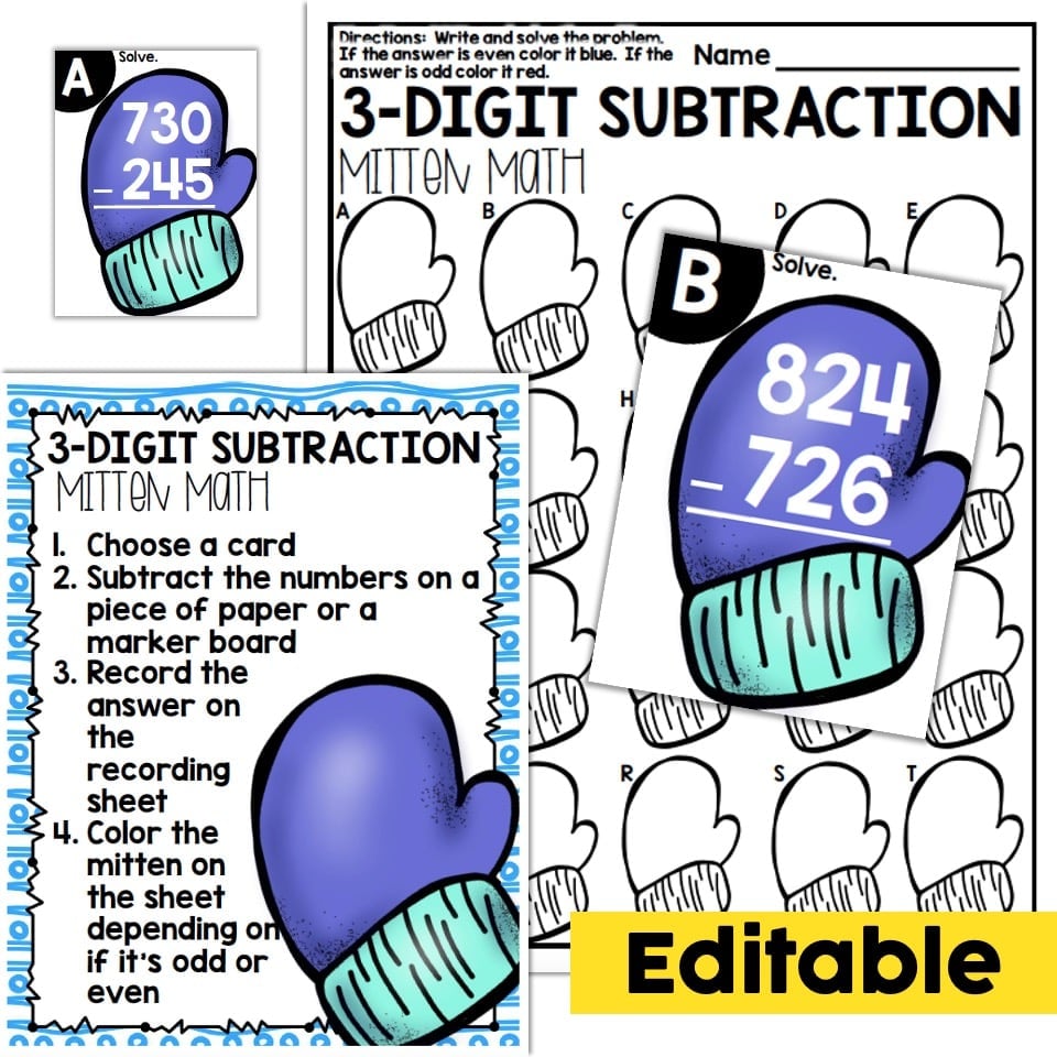 Editable 2nd Grade January Math Center - 3-Digit Subtraction - Mitten ...