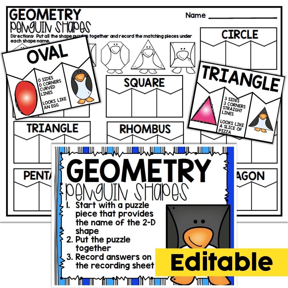 Editable 2nd Grade January Math Center - Geometry - Penguin Shapes ...