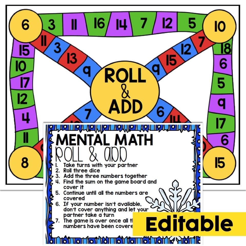 Editable 2nd Grade January Math Center - Mental Math - Roll and Add ...