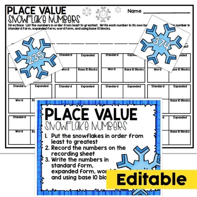 Editable 2nd Grade January Math Center - Place Value - Snowflake ...