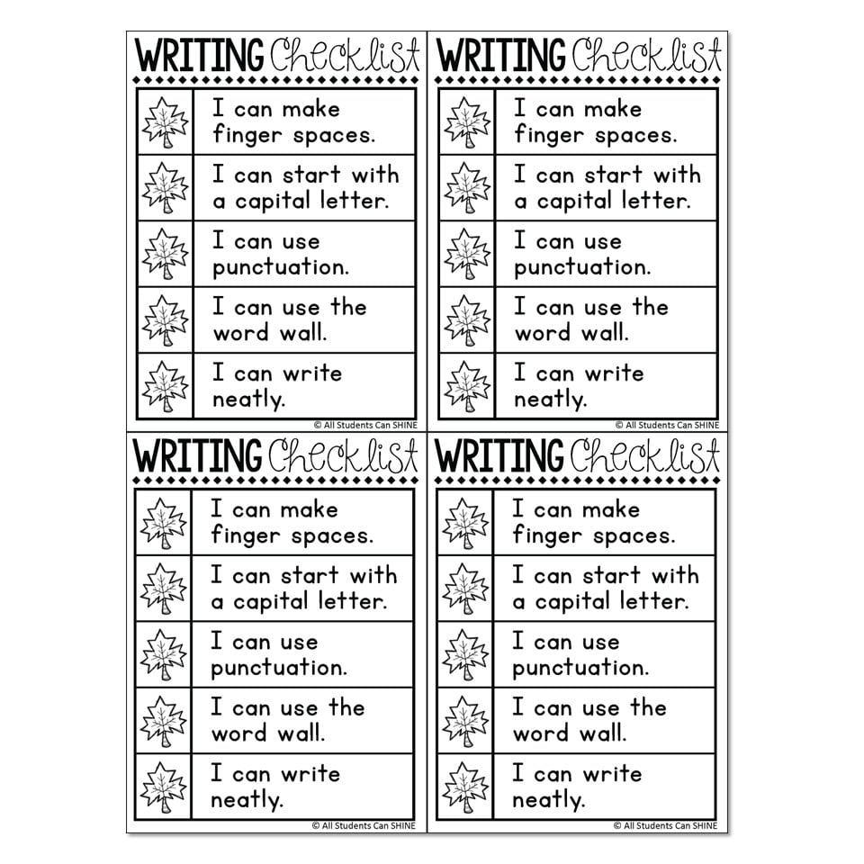 Fall Writer's Workshop - Writing Checklist - Lucky Little Learners