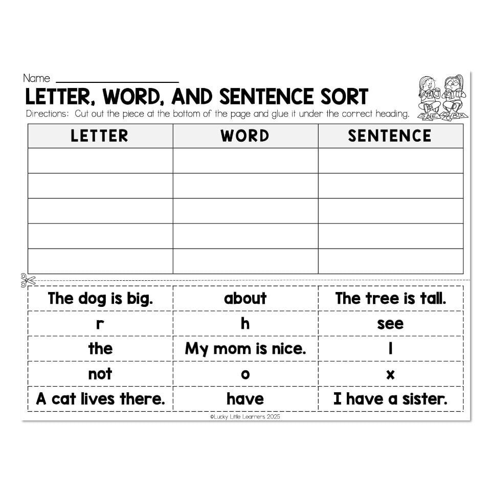 Letter Word and Sentence Sort - Lucky Little Learners