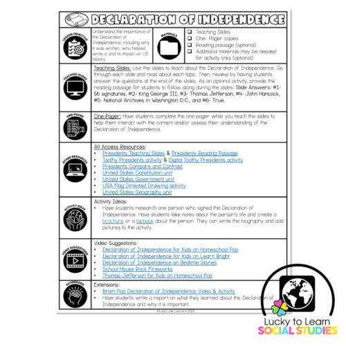 Lucky to Learn Social Studies - Declaration of Independence - Teacher's ...