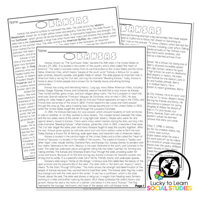 Lucky to Learn Social Studies - US States - Kansas - Reading Passage ...