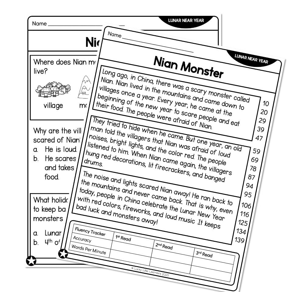 Lunar New Year - Nian Monster Reading Passage - Lucky Little Learners