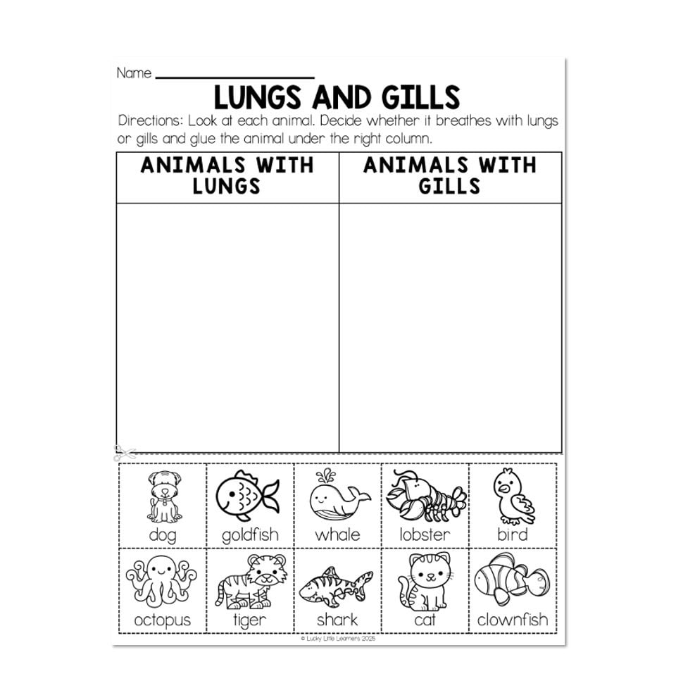 Lungs or Gills Animal Sort - Lucky Little Learners