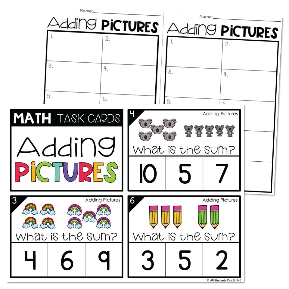 Math Task Cards - Addition - Adding Pictures - Lucky Little Learners