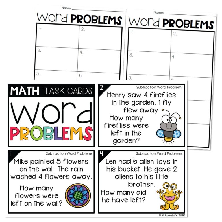 Math Task Cards - Subtraction - Word Problems - Lucky Little Learners
