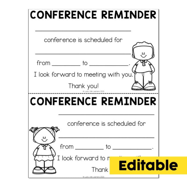 Parent Teacher Conference Forms - Conference Reminder Editable - Lucky ...