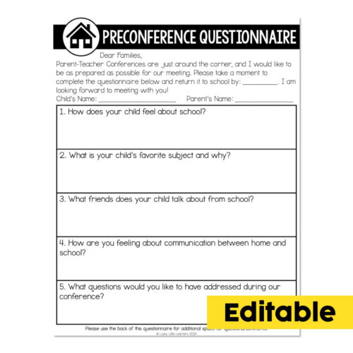 Parent Teacher Conference Forms - Preconference Questionnaire Editable ...