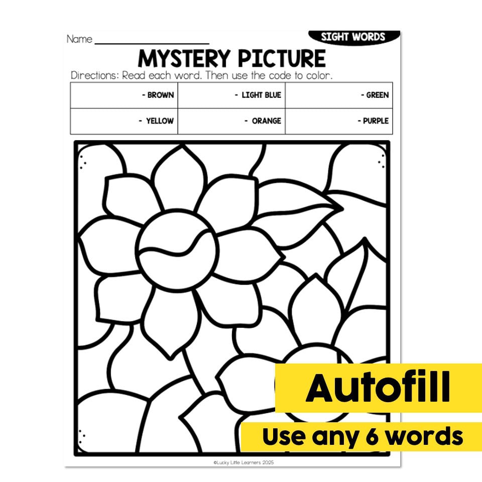 Sunflower - Color by Sight Word - Autofill - Lucky Little Learners