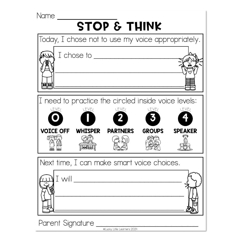 Time to Talk - Behavior - Lesson 1 - Voice Levels - Stop and Think - Lucky Little Learners