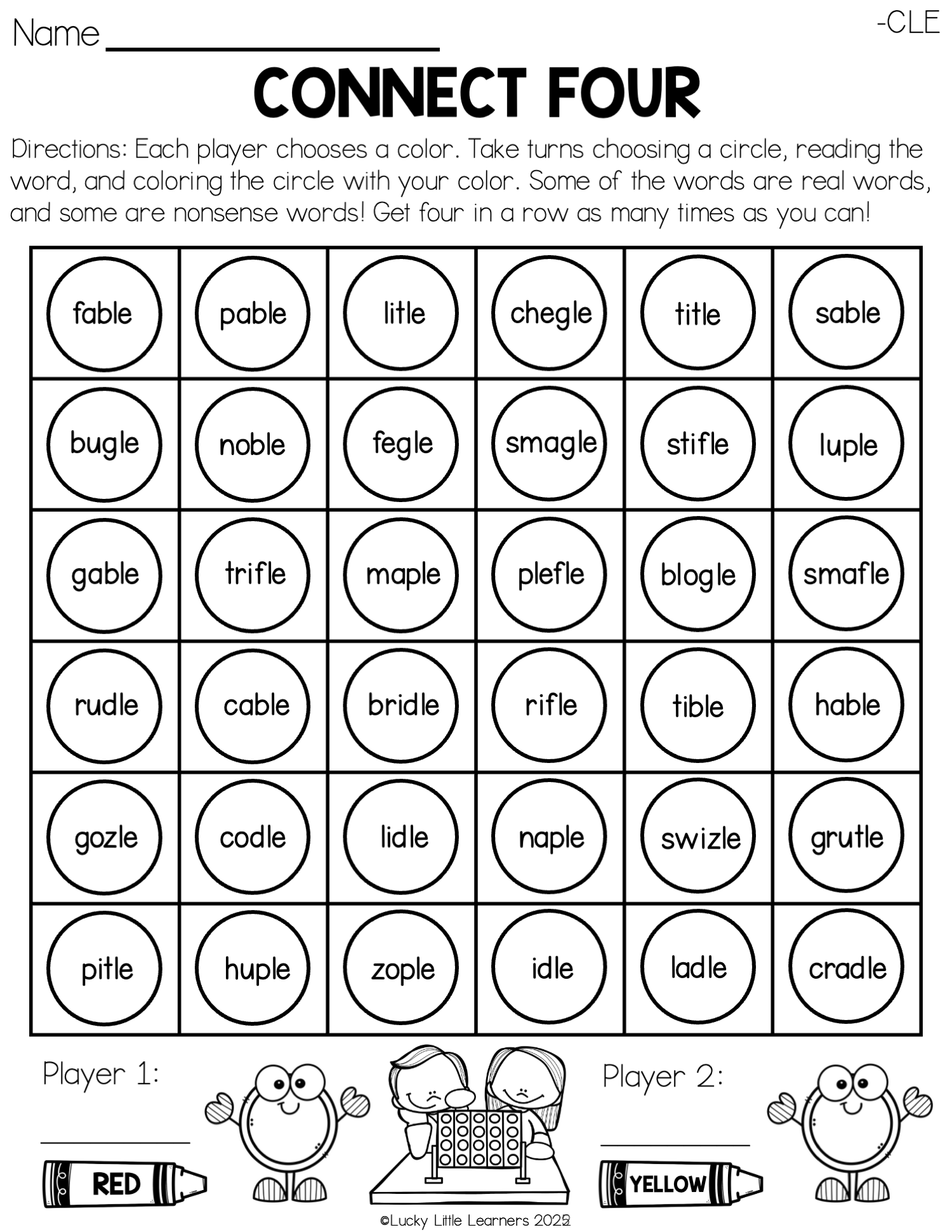 2-Syllable Nonsense Words -CLE - Connect Four - Lucky Little Learners