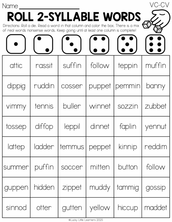 2-Syllable Nonsense Words - VC-CV - Roll 2-Syllable Words - Lucky ...