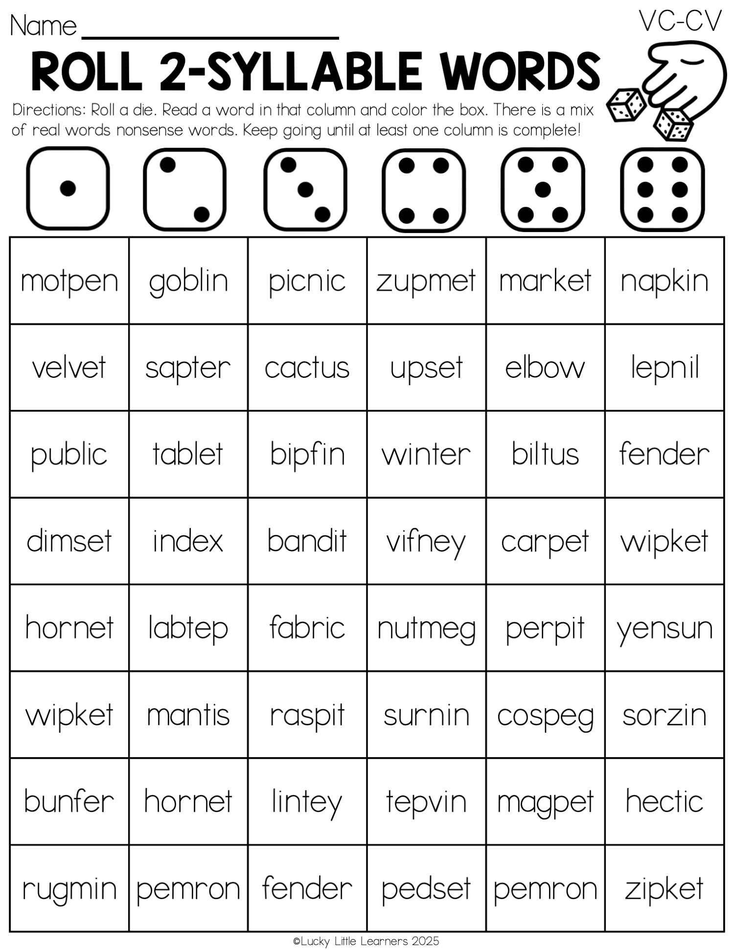 2-Syllable Nonsense Words - VC-CV Version 2 - Roll 2-Syllable Words ...