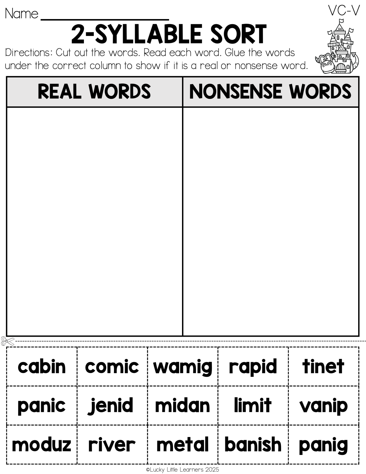 2-Syllable Nonsense Words - VC-V - 2-Syllable Sort - Lucky Little Learners