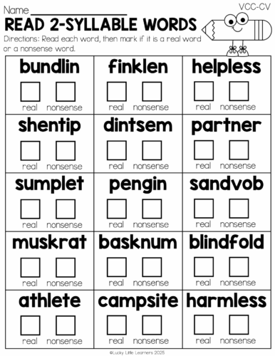 2-Syllable Nonsense Words - VCC-CV - Read 2-Syllable Words - Lucky ...