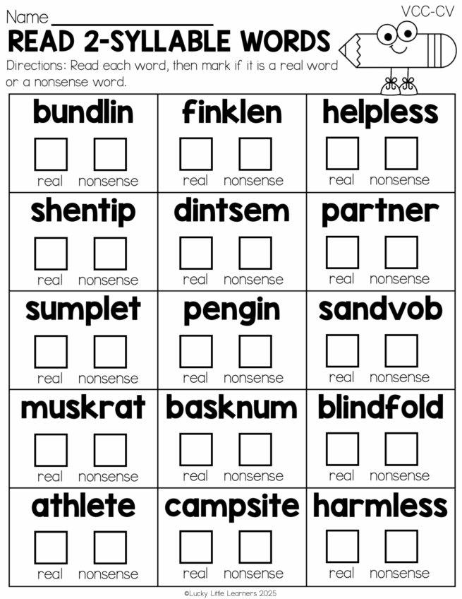 2-Syllable Nonsense Words - VCC-CV - Read 2-Syllable Words - Lucky ...