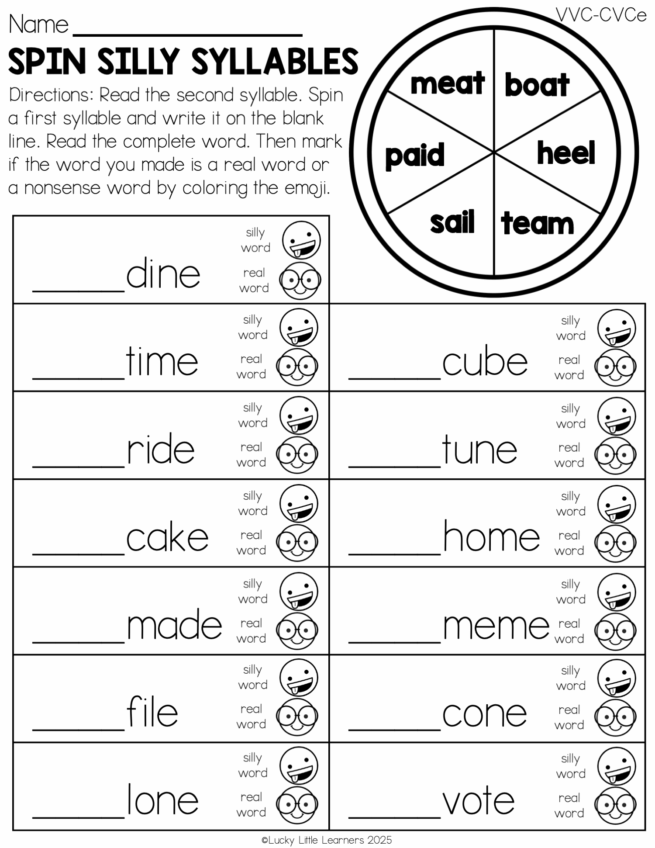 2-Syllable Nonsense Words - VVC-CVCe - Spin Silly Syllables - Lucky ...