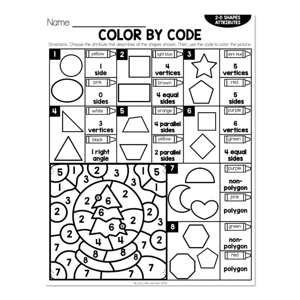 Color by Code - Geometry - 2D Shape Attributes - Lucky Little Learners