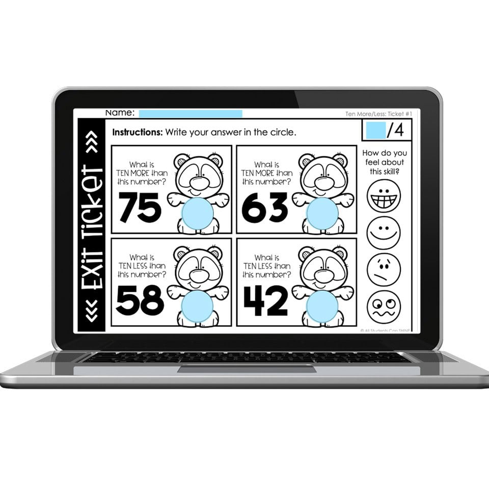 Digital Math Exit Tickets - Ten More Ten Less - Lucky Little Learners