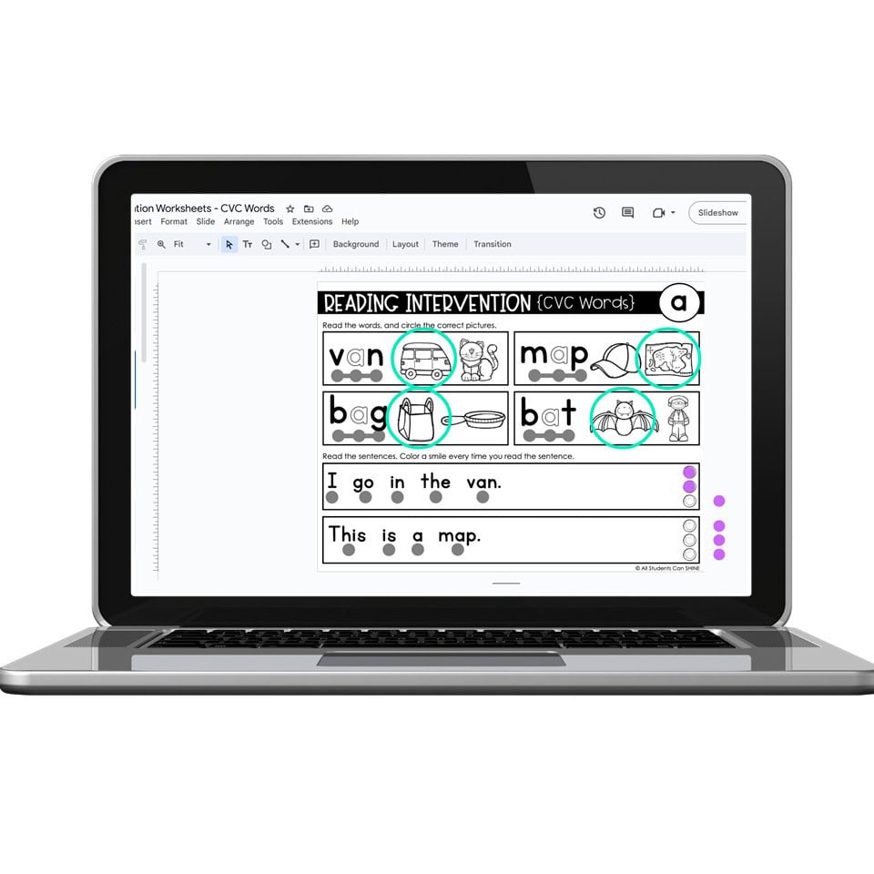 Digital Reading Intervention Worksheets - CVC Words - Lucky Little Learners