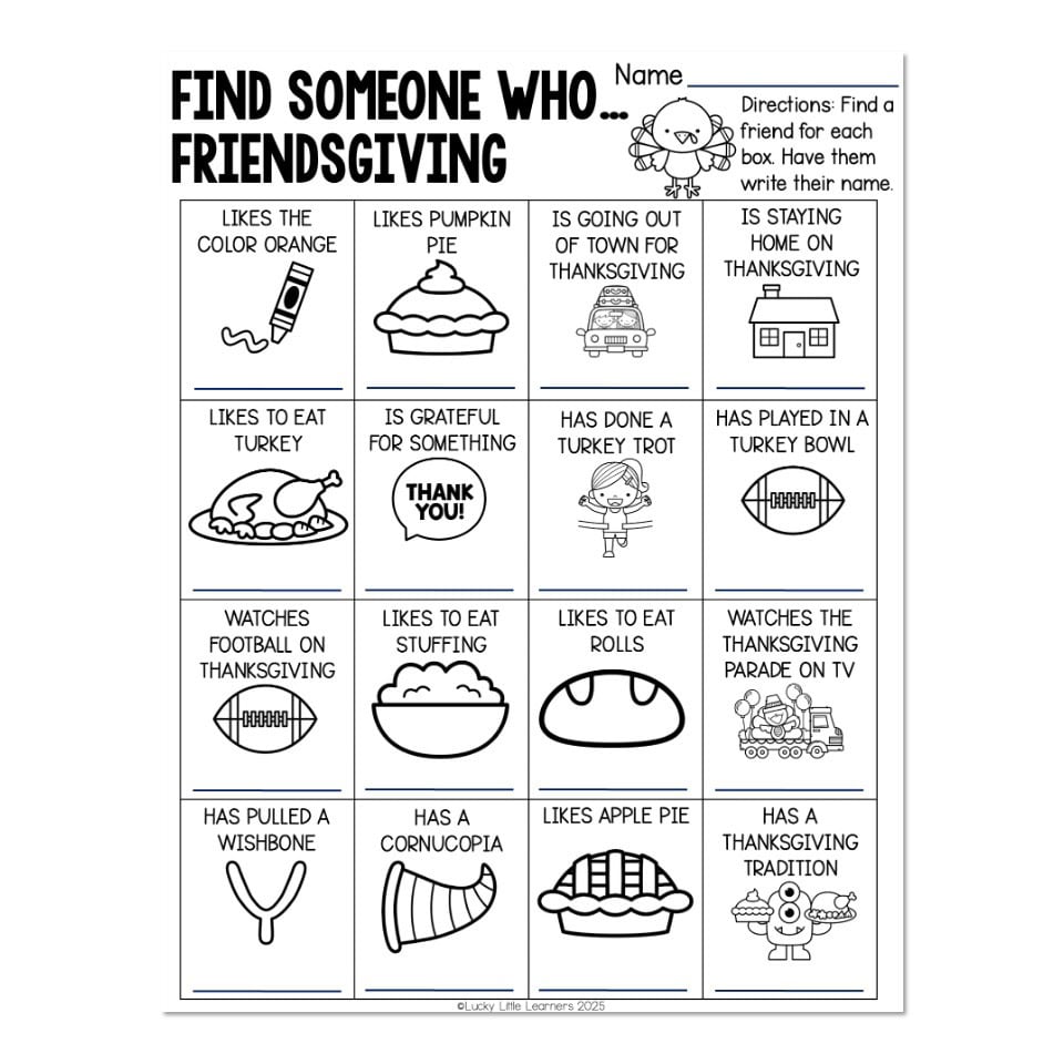 Find Someone Who - Thanksgiving - Friendsgiving - Lucky Little Learners