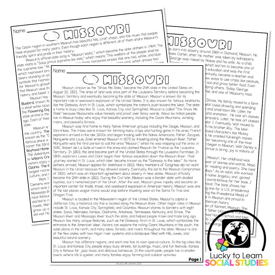 Lucky to Learn Social Studies - US States - Missouri - Reading Passage ...