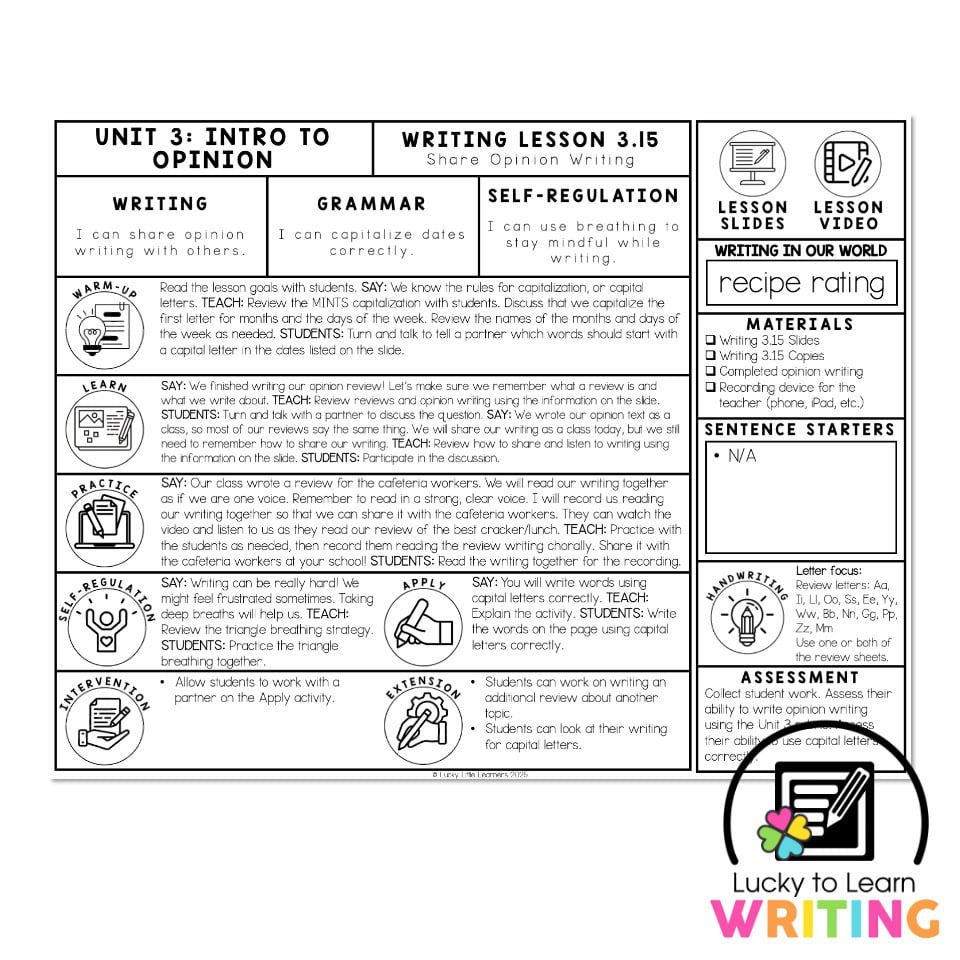 Lucky to Learn Writing 1st Grade - Unit 3 Intro to Opinion - Writing 3. ...