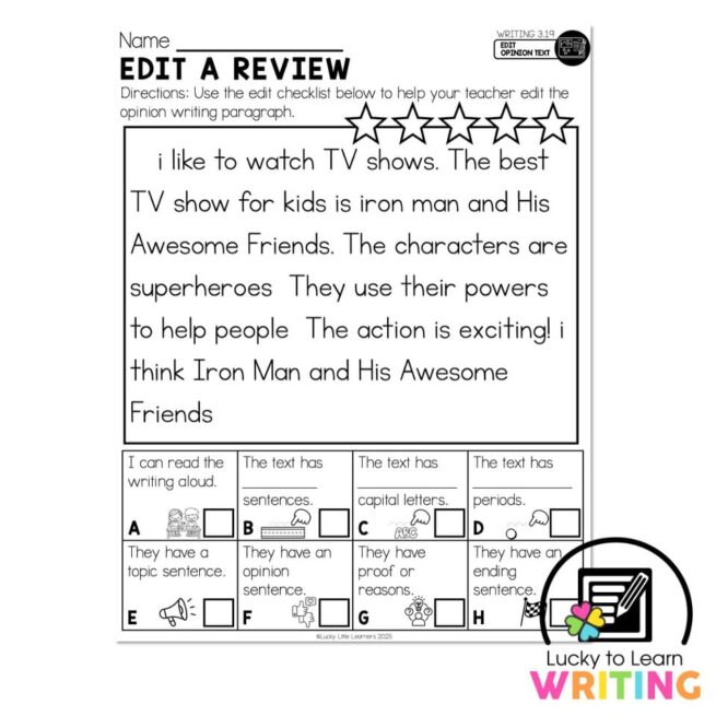 Lucky to Learn Writing 1st Grade - Unit 3 Intro to Opinion - Writing 3. ...