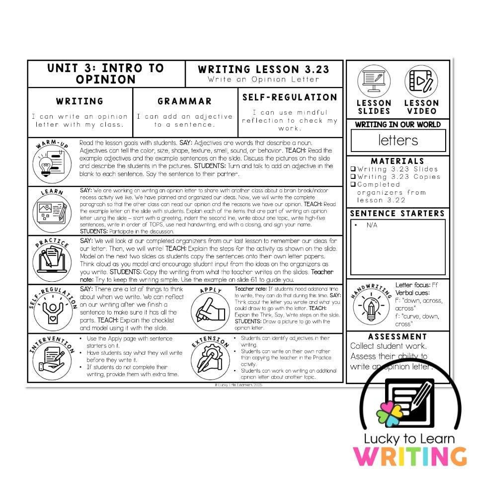 Lucky to Learn Writing 1st Grade - Unit 3 Intro to Opinion - Writing 3. ...