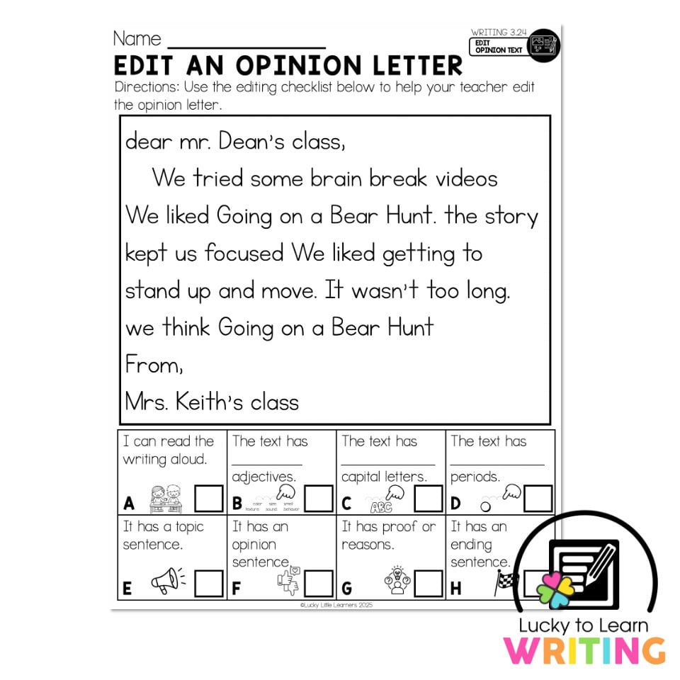 Lucky to Learn Writing 1st Grade - Unit 3 Intro to Opinion - Writing 3. ...