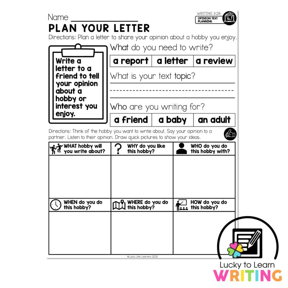 Lucky to Learn Writing 1st Grade - Unit 3 Intro to Opinion - Writing 3. ...