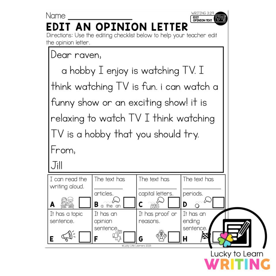 Lucky to Learn Writing 1st Grade - Unit 3 Intro to Opinion - Writing 3. ...