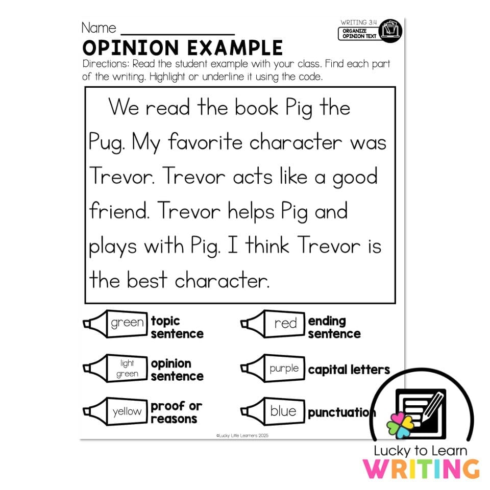 Lucky to Learn Writing 1st Grade - Unit 3 Intro to Opinion - Writing 3. ...