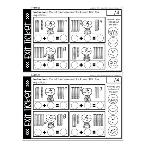 Math Exit Tickets - Adding with Base Ten Blocks - Lucky Little Learners