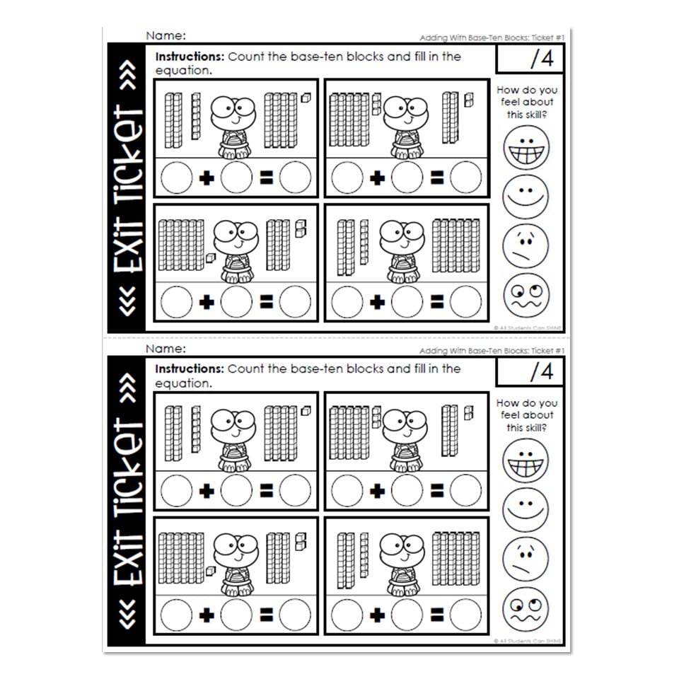 Math Exit Tickets - Adding with Base Ten Blocks - Lucky Little Learners