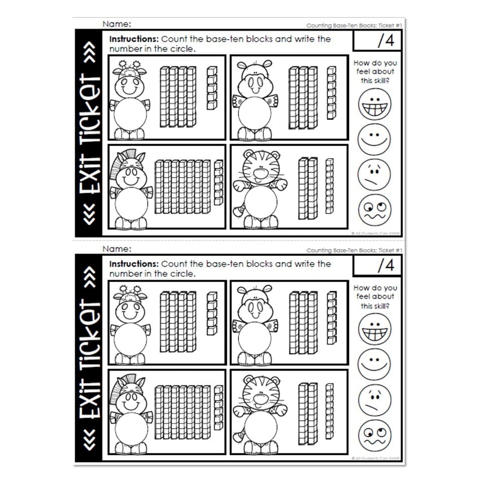 Math Exit Tickets - Counting Base Ten Blocks - Lucky Little Learners