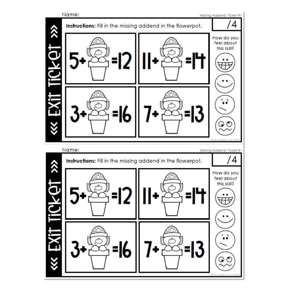 Math Exit Tickets - Missing Addend - Lucky Little Learners