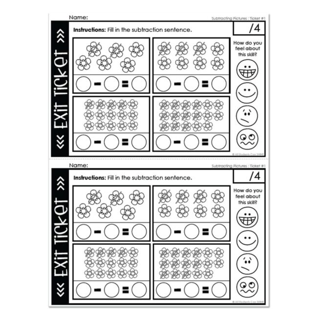 Math Exit Tickets - Subtracting Pictures - Lucky Little Learners